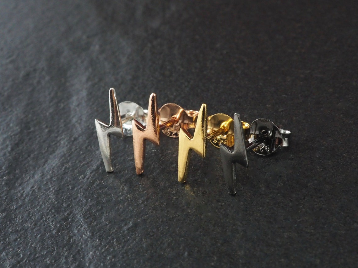 Thunderbolt, Lightning Bolt, Ear Stud, Minimalist Earrings, Black, Gold ...