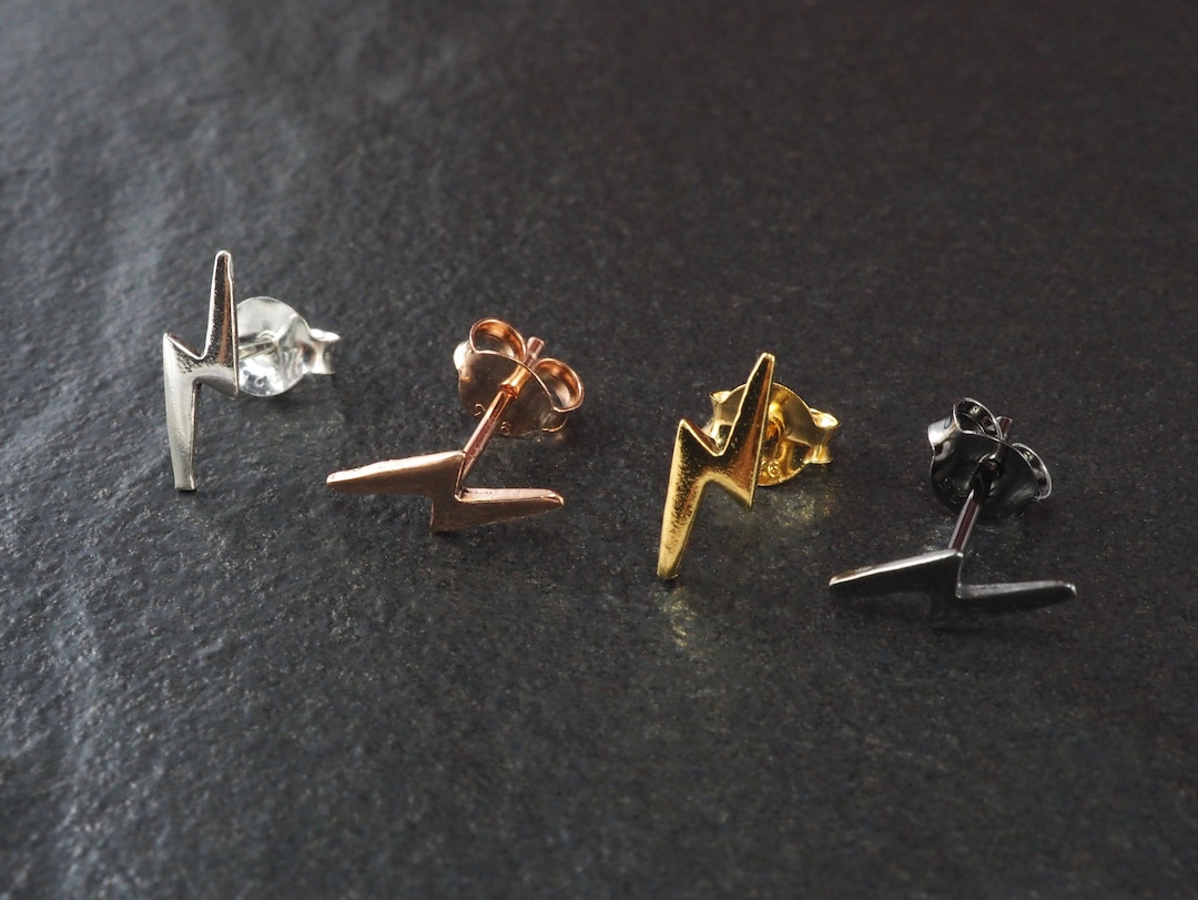 Thunderbolt, Lightning Bolt, Ear Stud, Minimalist Earrings, Black, Gold ...