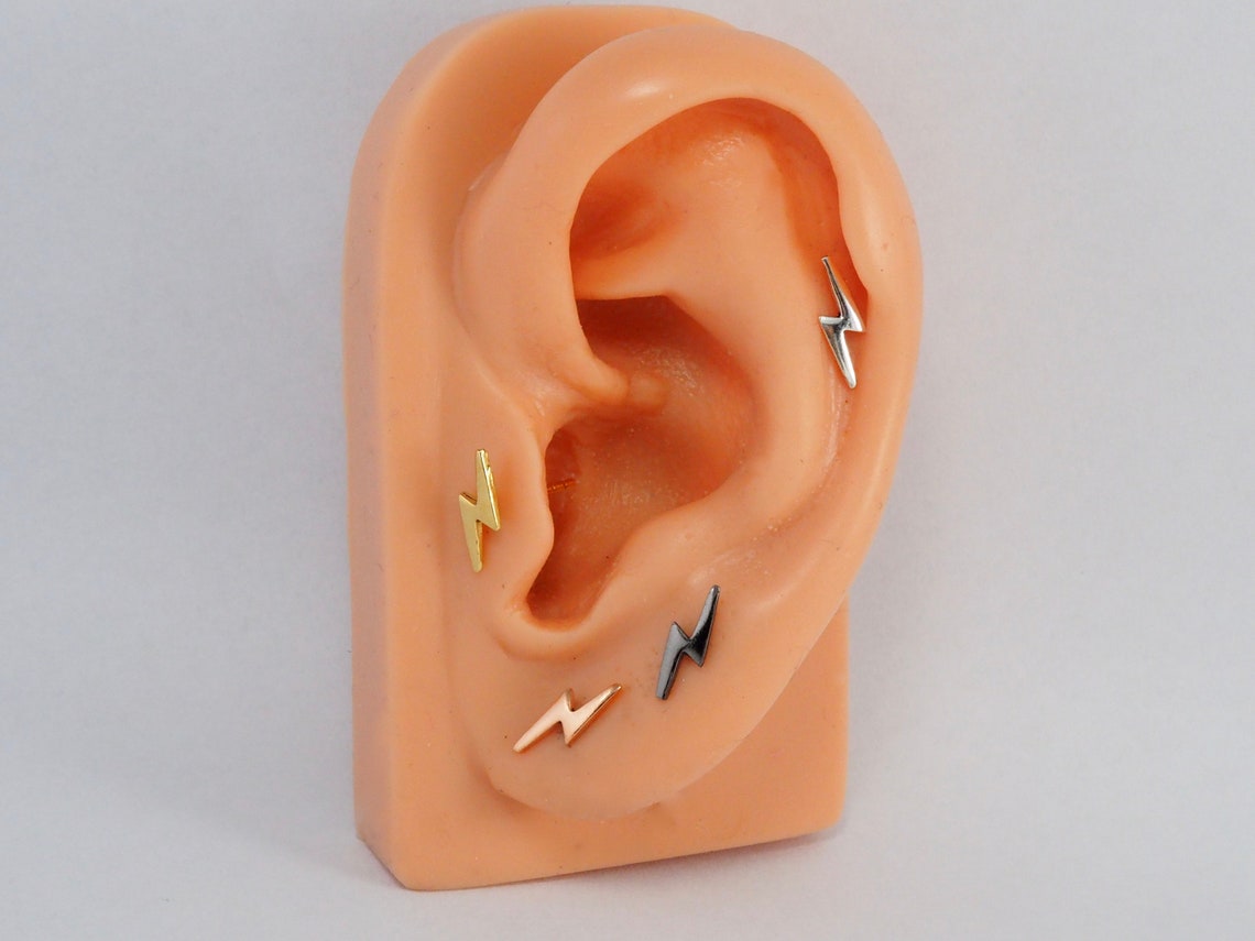 Thunderbolt, Lightning Bolt, Ear Stud, Minimalist Earrings, Black, Gold ...