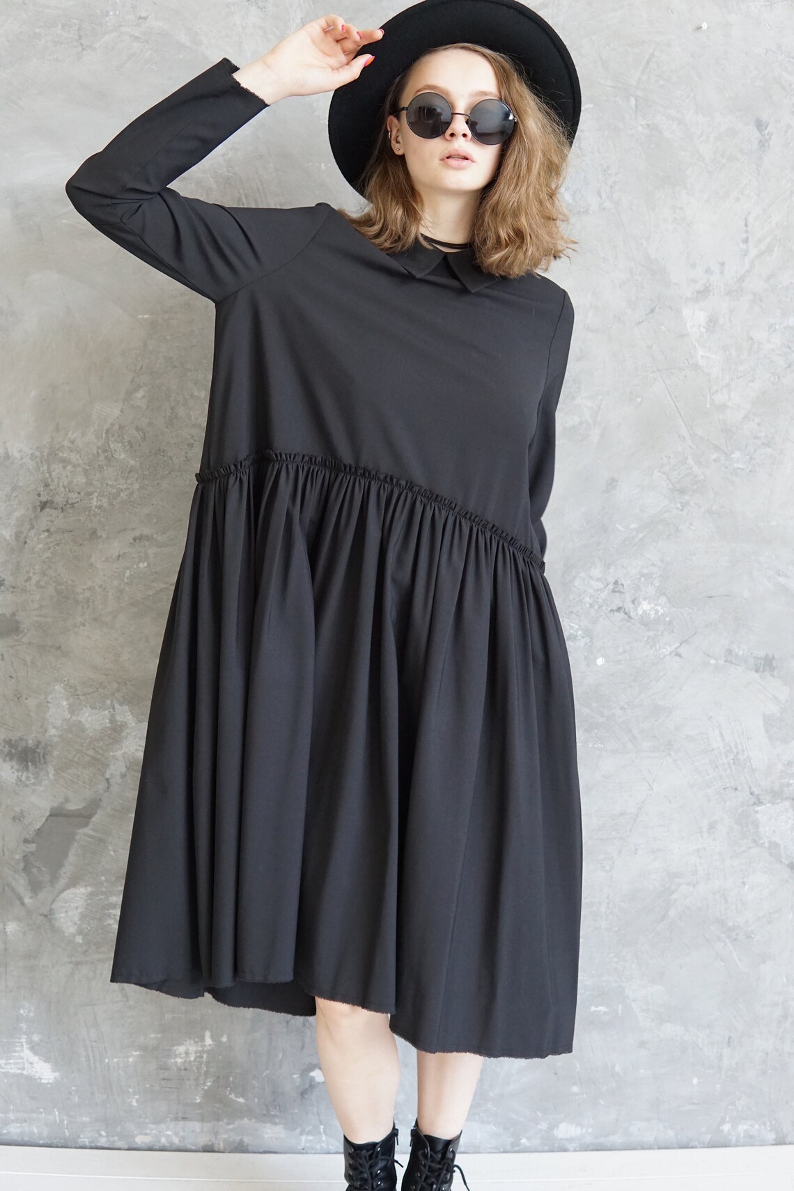 Black wool dress Black midi dress Black asymmetrical dress | Etsy