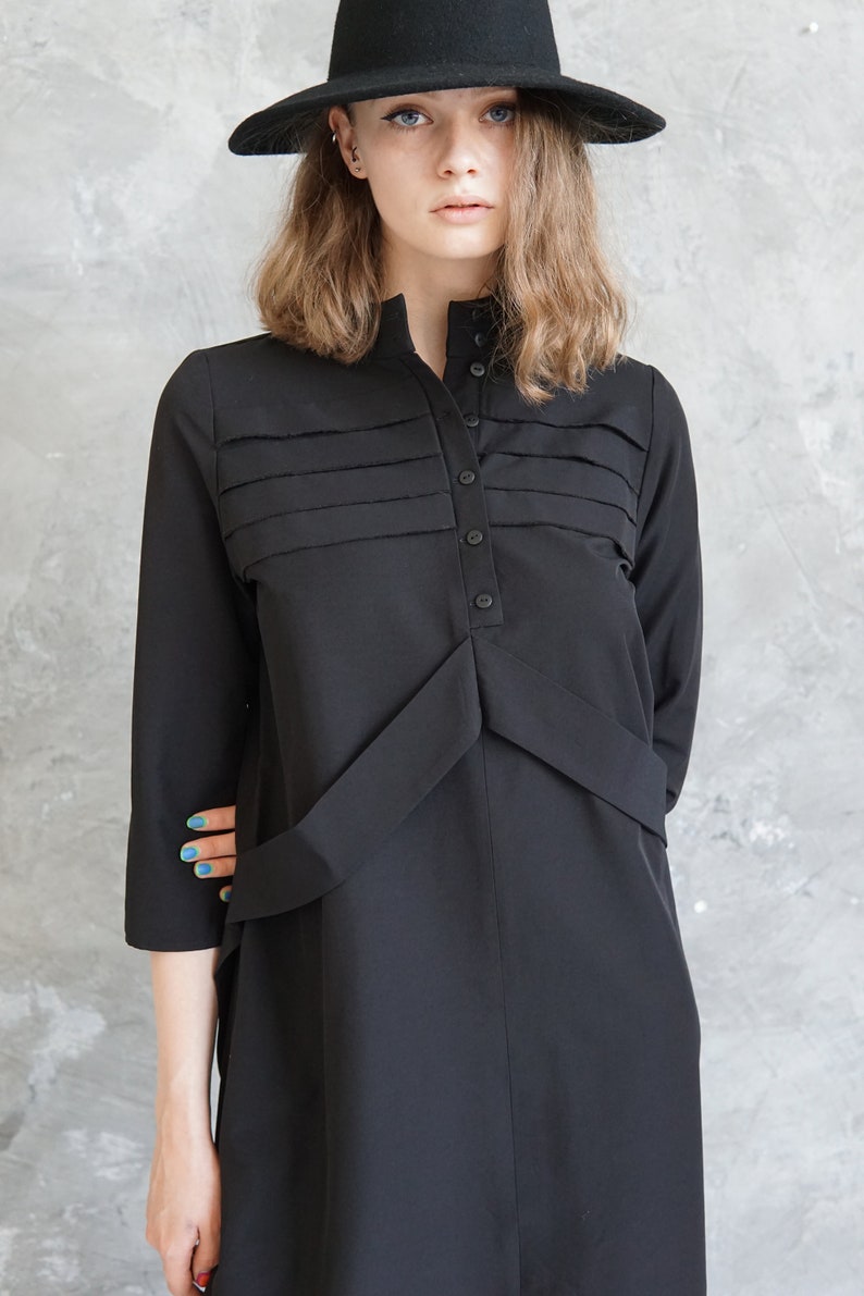 Black Shirtdress Black Midi Dress Black Asymmetrical Dress | Etsy