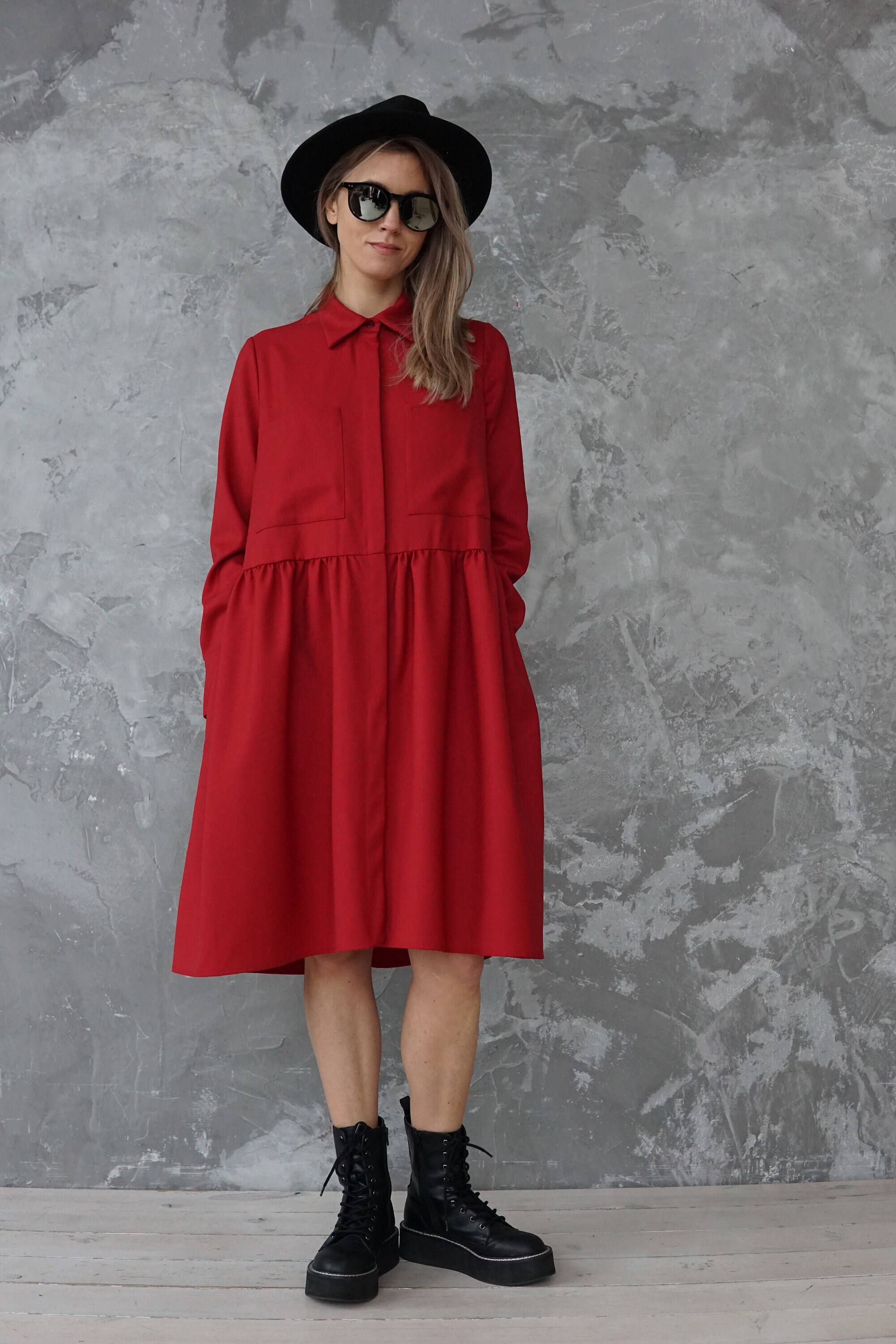 Red Midi Dress Red Shirtdress Plus Size Midi Dress Red | Etsy