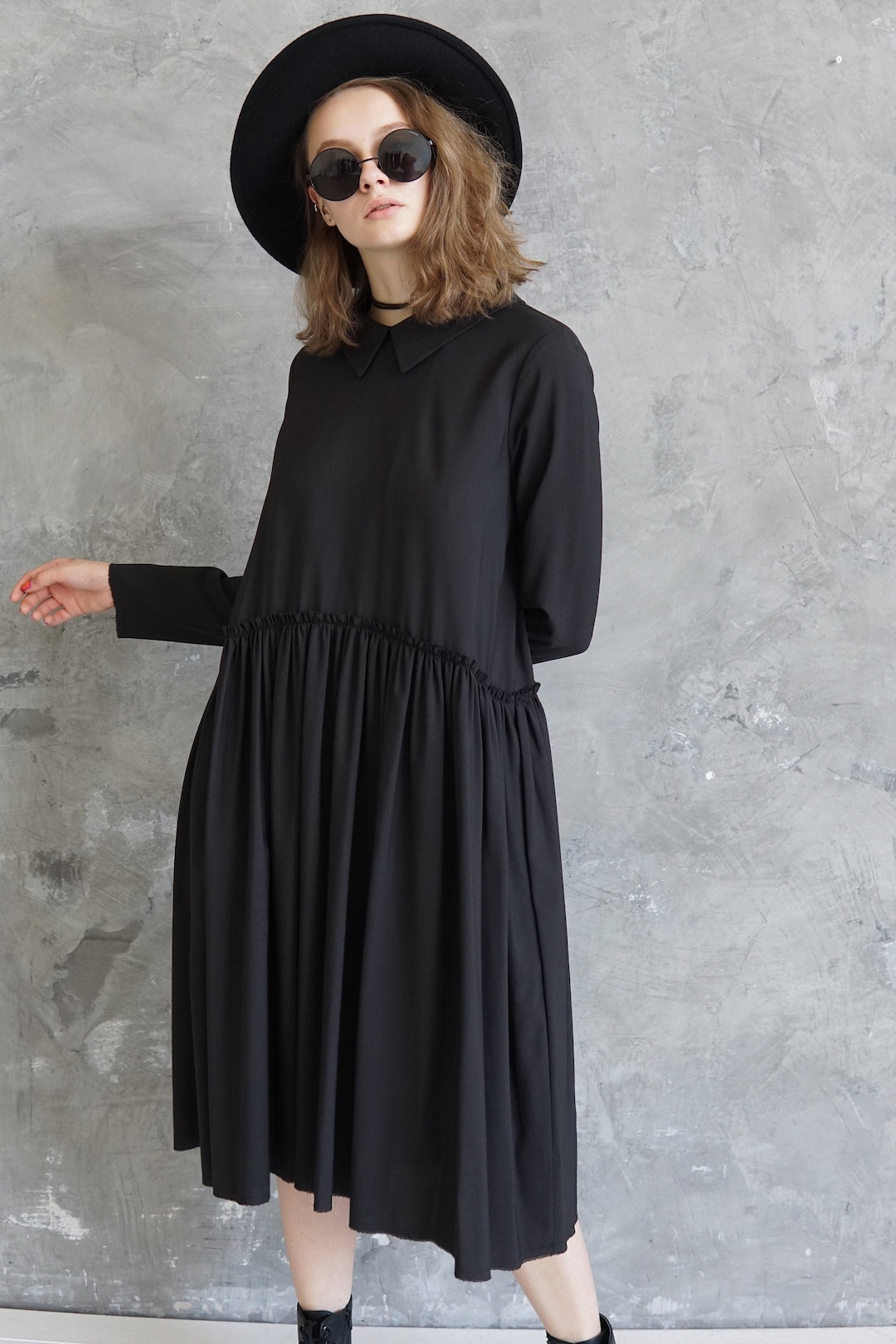 Black Wool Dress Black Midi Dress Black Asymmetrical Dress - Etsy