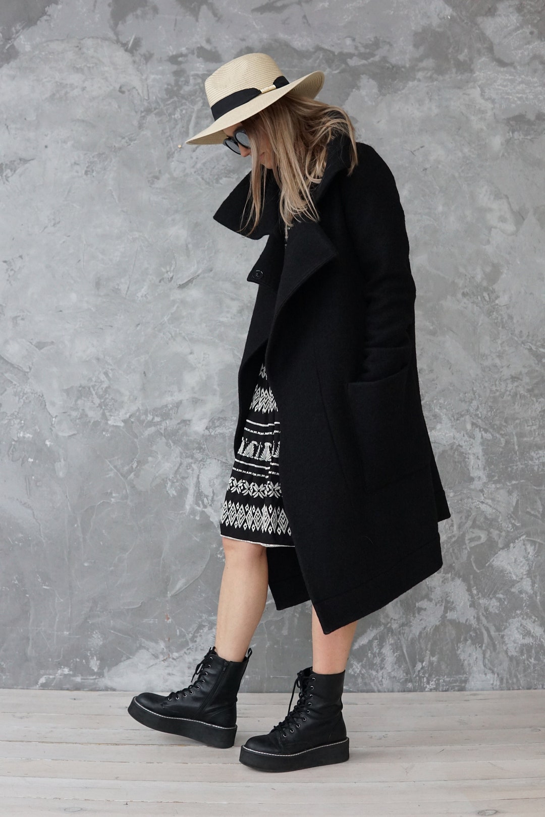 Black Wool Coat: Longline Winter Overcoat With Big Collar - Etsy