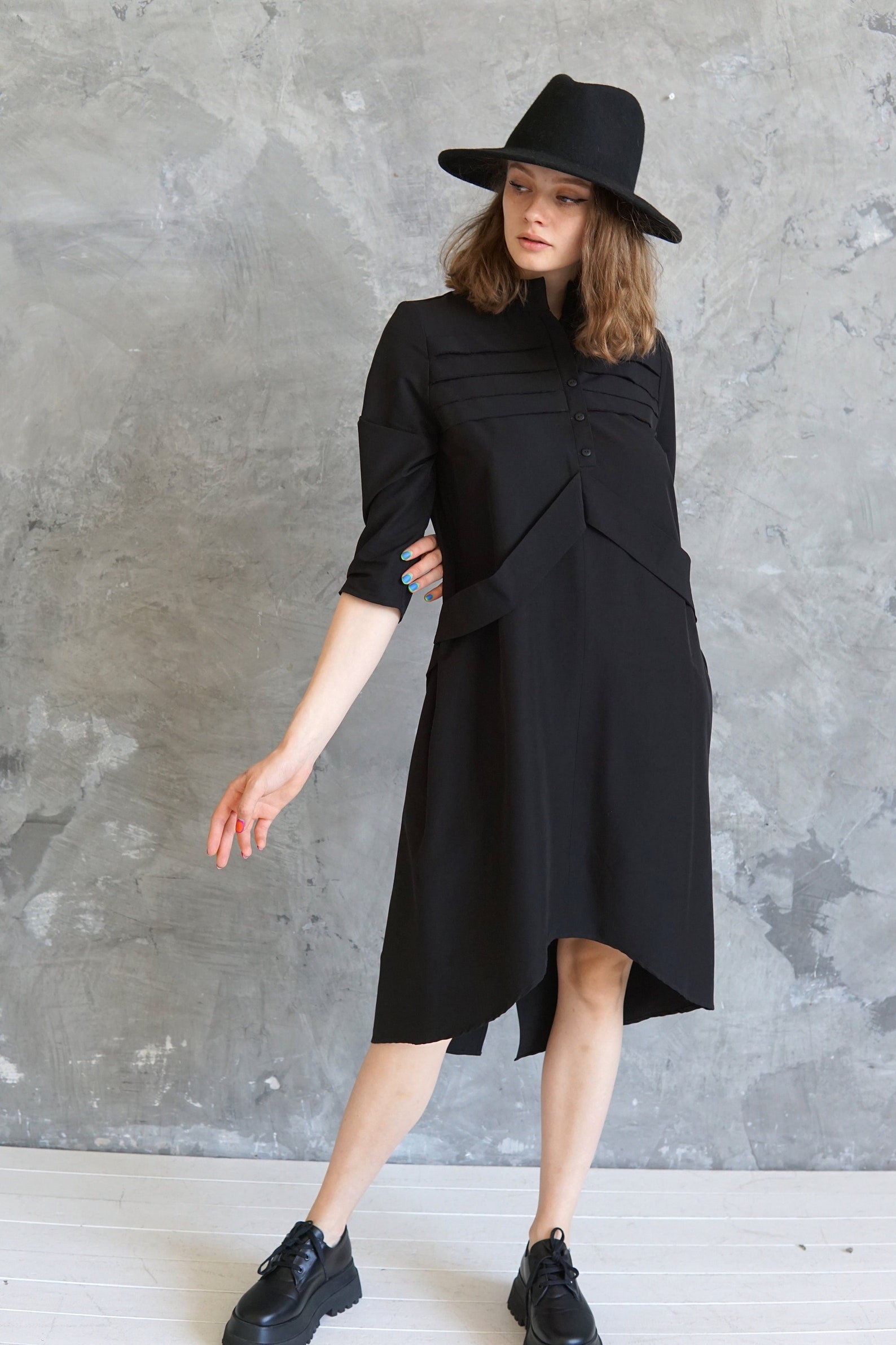 Black Shirtdress Black Midi Dress Black Asymmetrical Dress | Etsy