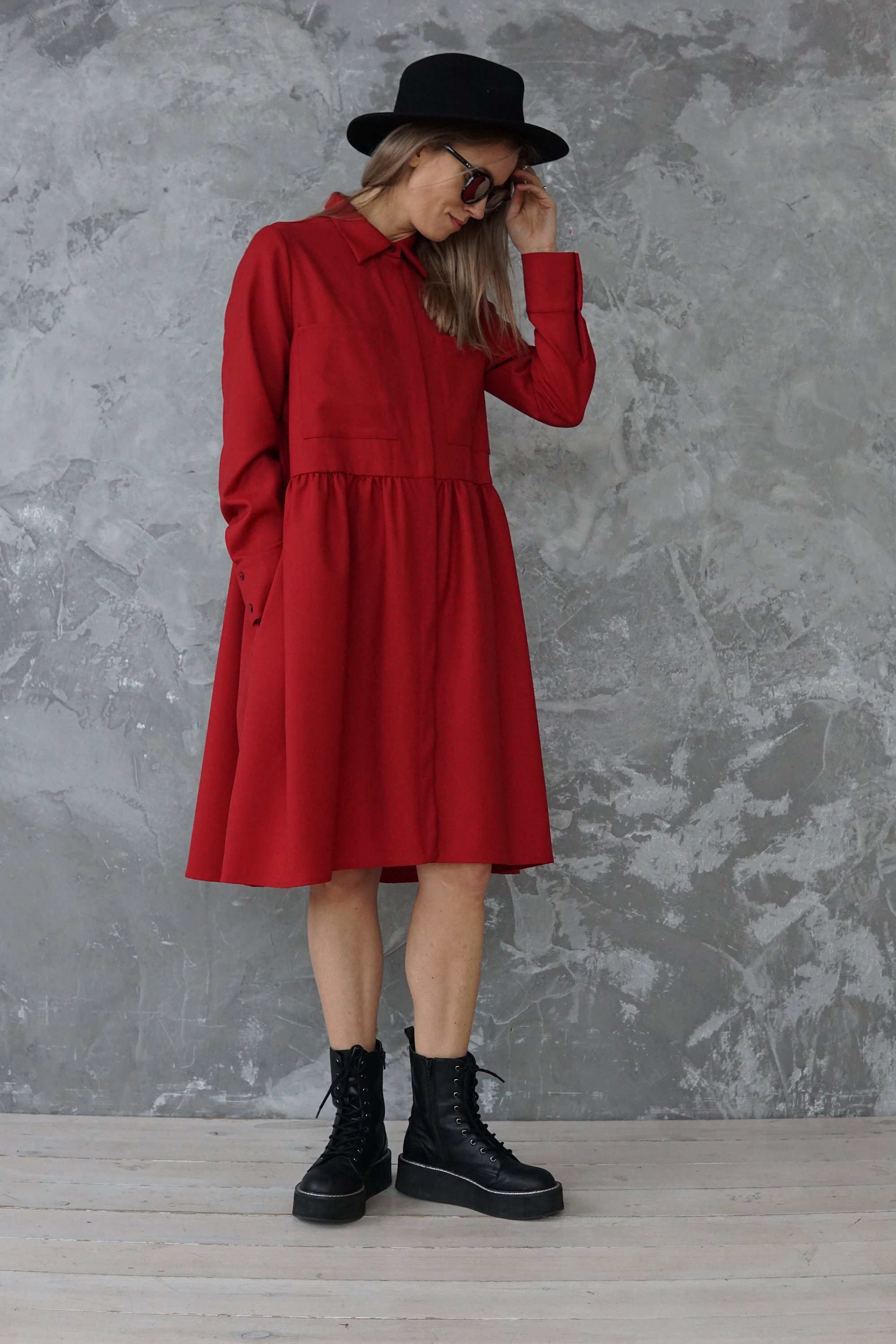 Red Midi Dress Red Shirtdress Plus Size Midi Dress Red | Etsy