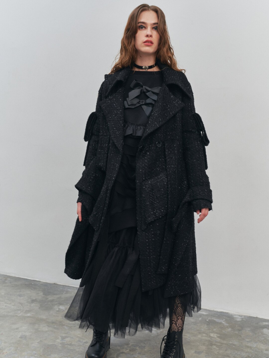 Long Fancy Black Tweed Coat With Fabric Ribbons and Flounces, Tweed ...