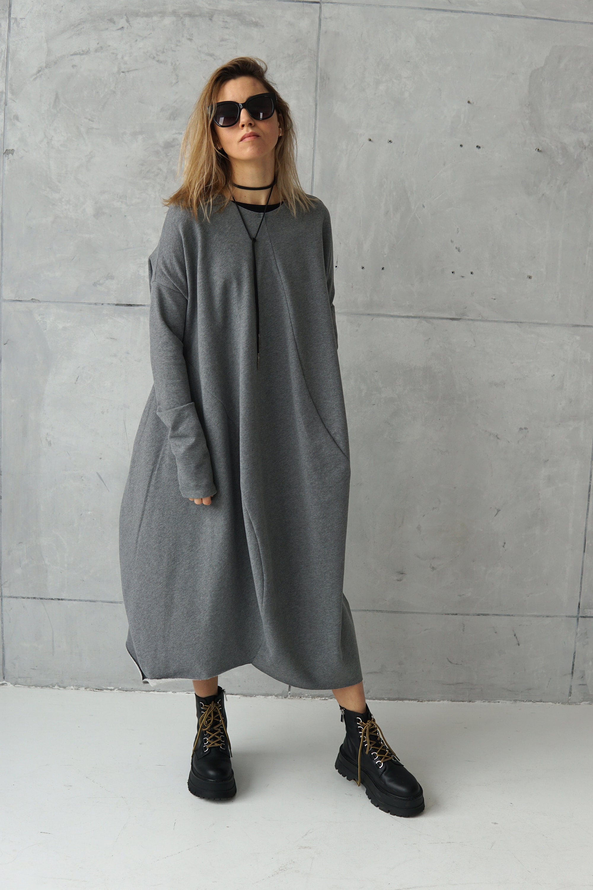 Oversized Gray Cotton Jersey Dress: Long Sleeve Tunic With Pockets - Etsy