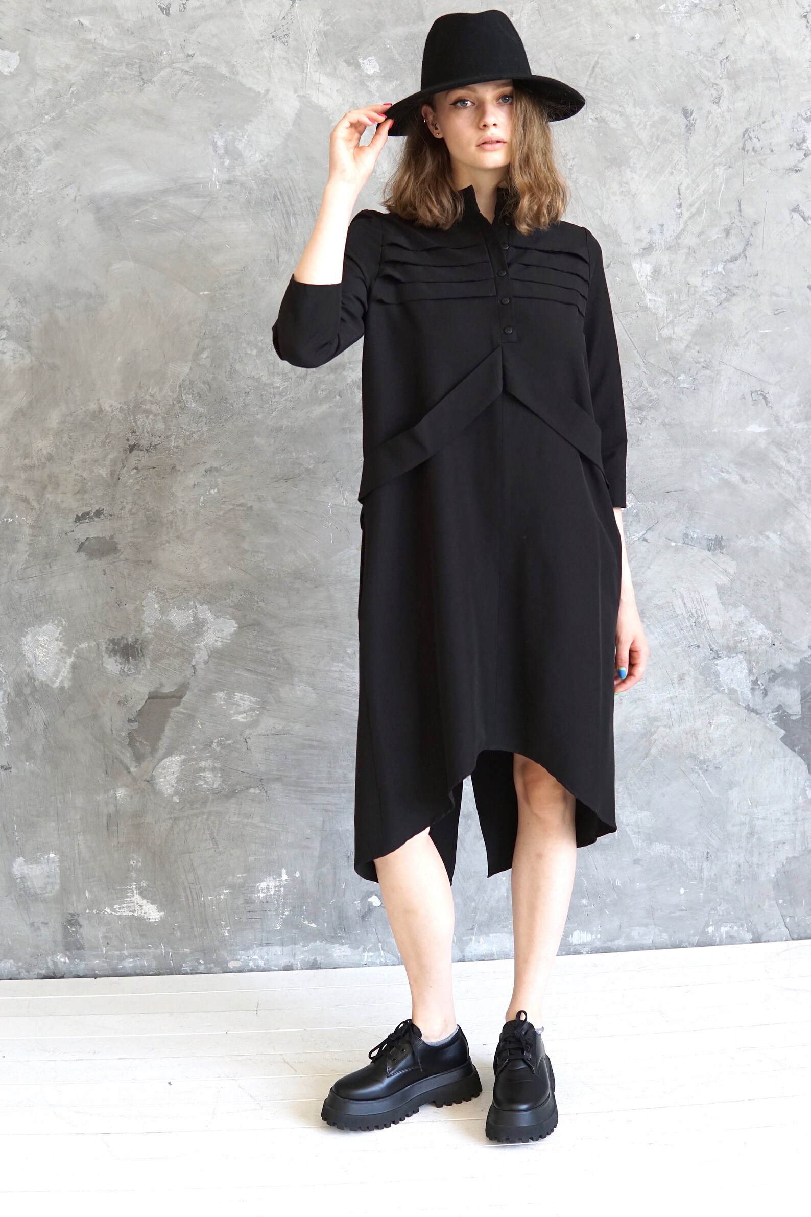 Black Shirtdress Black Midi Dress Black Asymmetrical Dress | Etsy