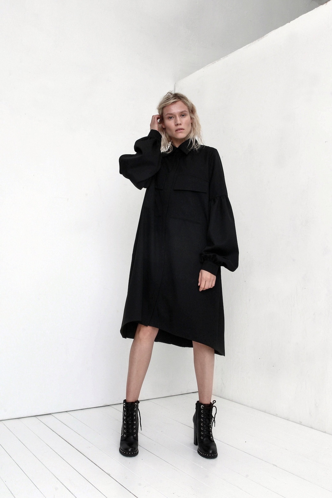 Black Shirtdress | Black Midi Dress | Black Asymmetrical Dress | Black ...