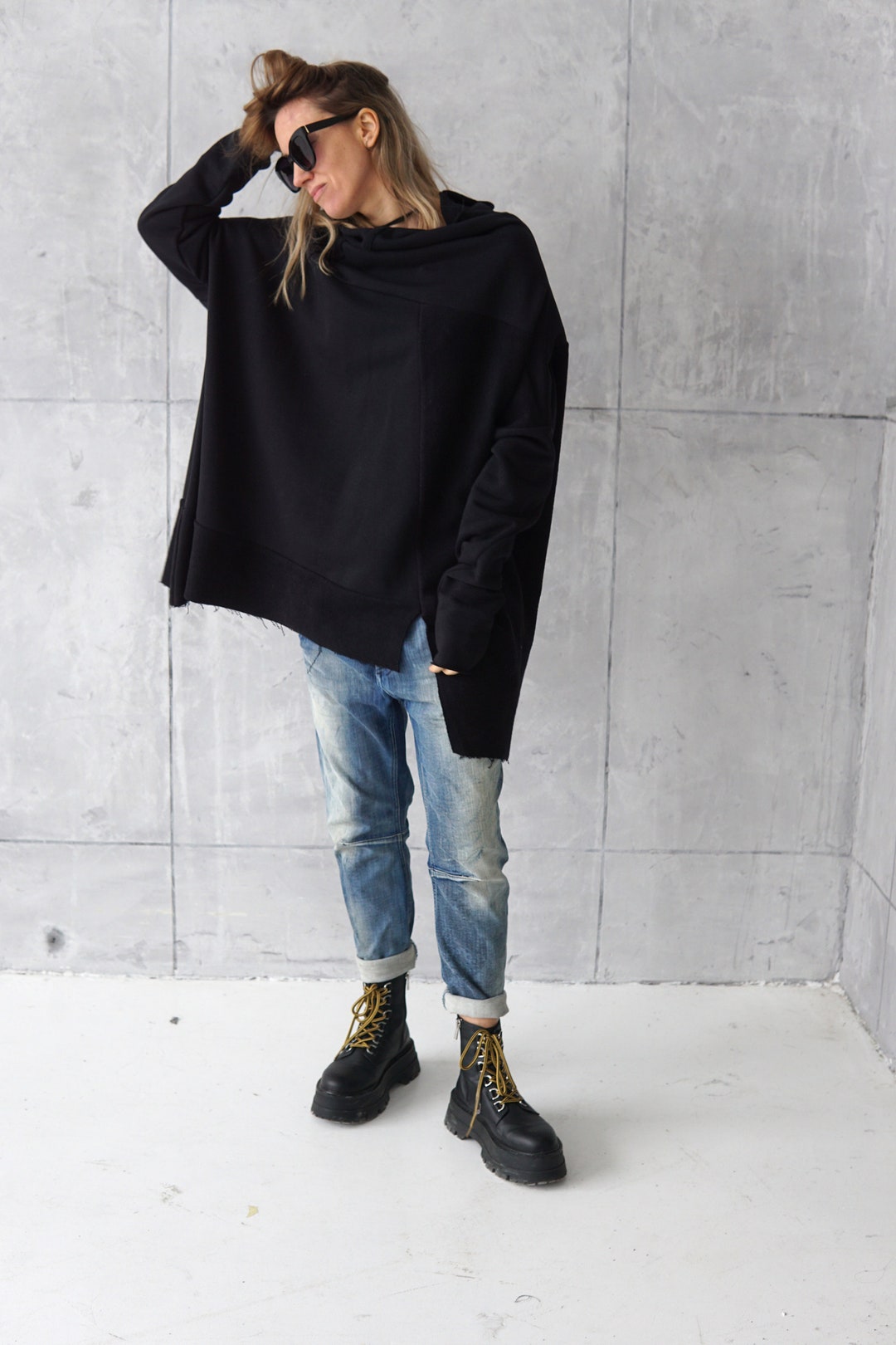 Oversized Sweater / Cozy Blouse / Plus Size Tunic / Black Cotton Top ...