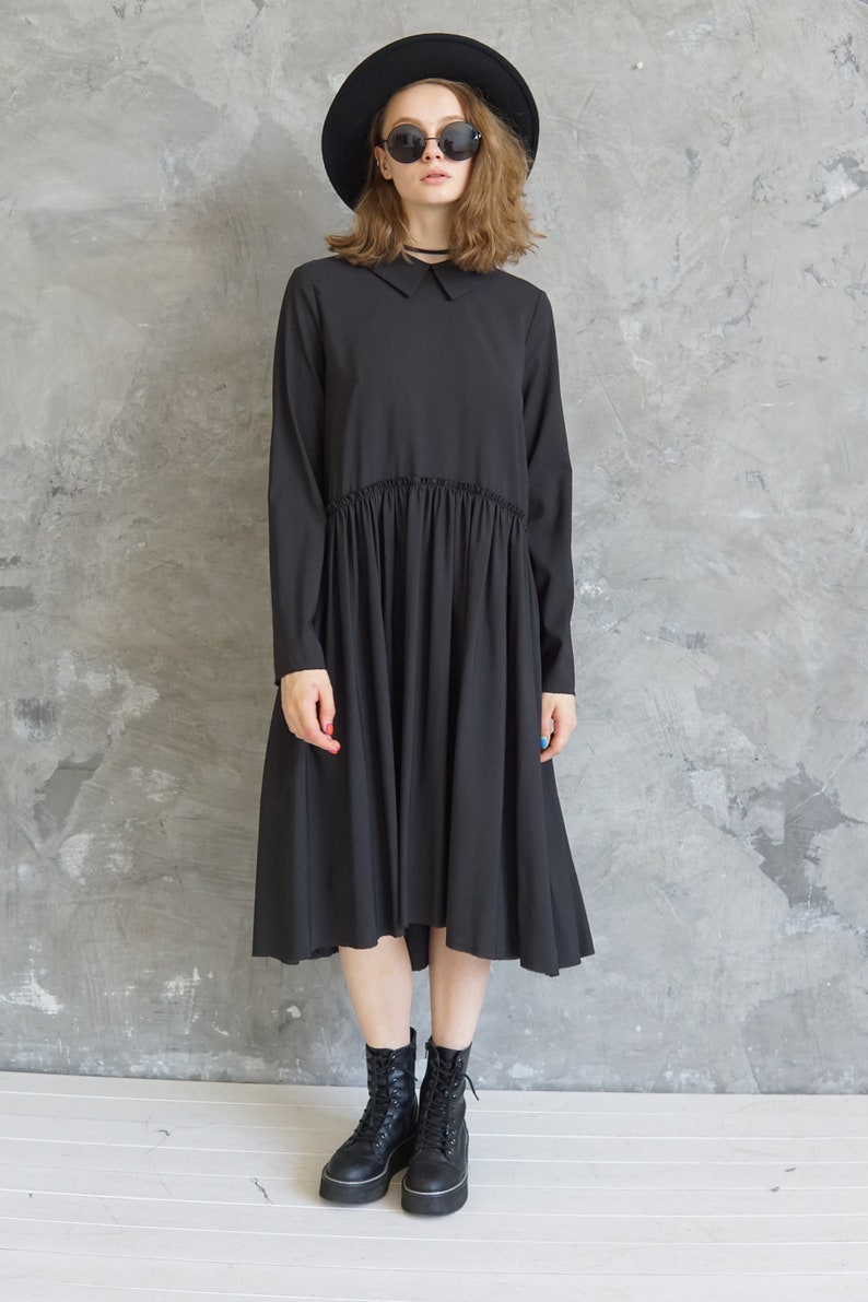 Black Wool Dress Black Midi Dress Black Asymmetrical Dress - Etsy