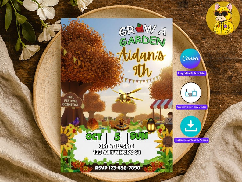 Fall Festival Roblox Grow A Garden Birthday Invitation I Editable Canva ...
