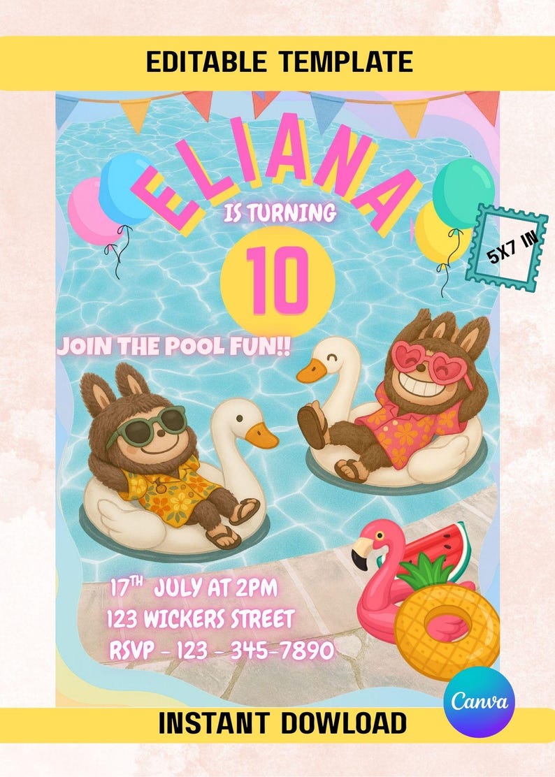 Labubu Pool Party Birthday Invitation | Editable Canva Template | Cute ...