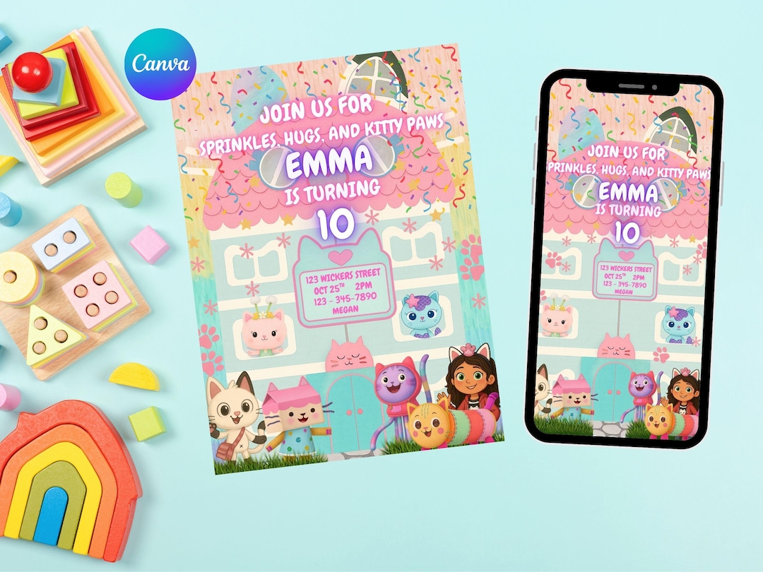 Editable Gabby Dollhouse Birthday Party Invitation Template, Cartoon ...