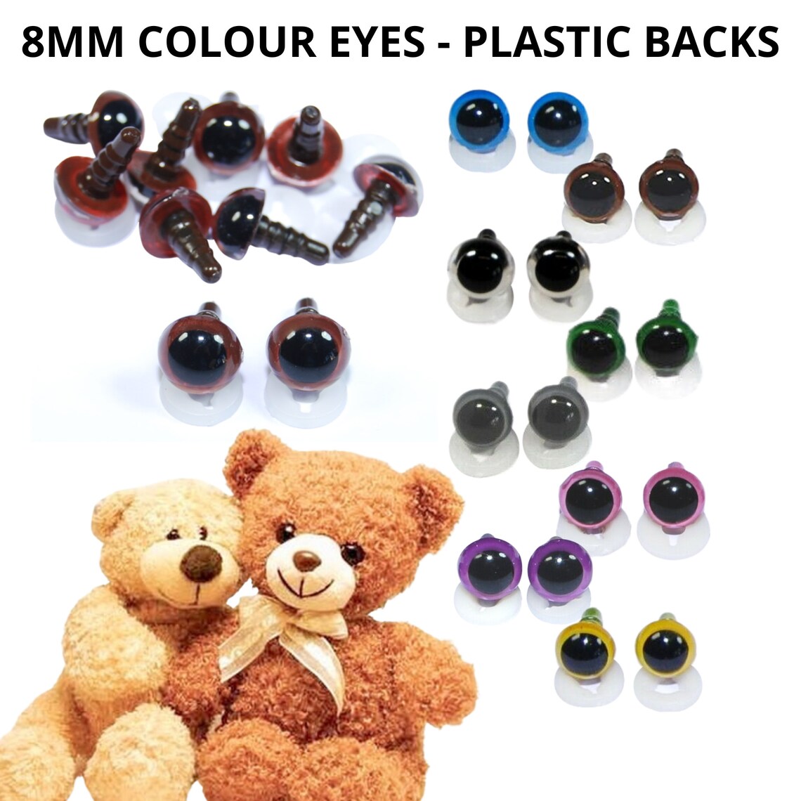 8mm Plastic Back Eyes - Choice of Colours - Safety Eyes With Plastic ...