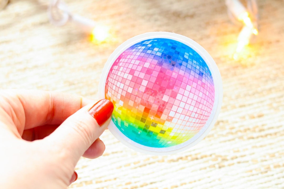 Colorful Disco Ball Sticker 2.5 X 2.5, Groovy Rainbow Holographic Party ...
