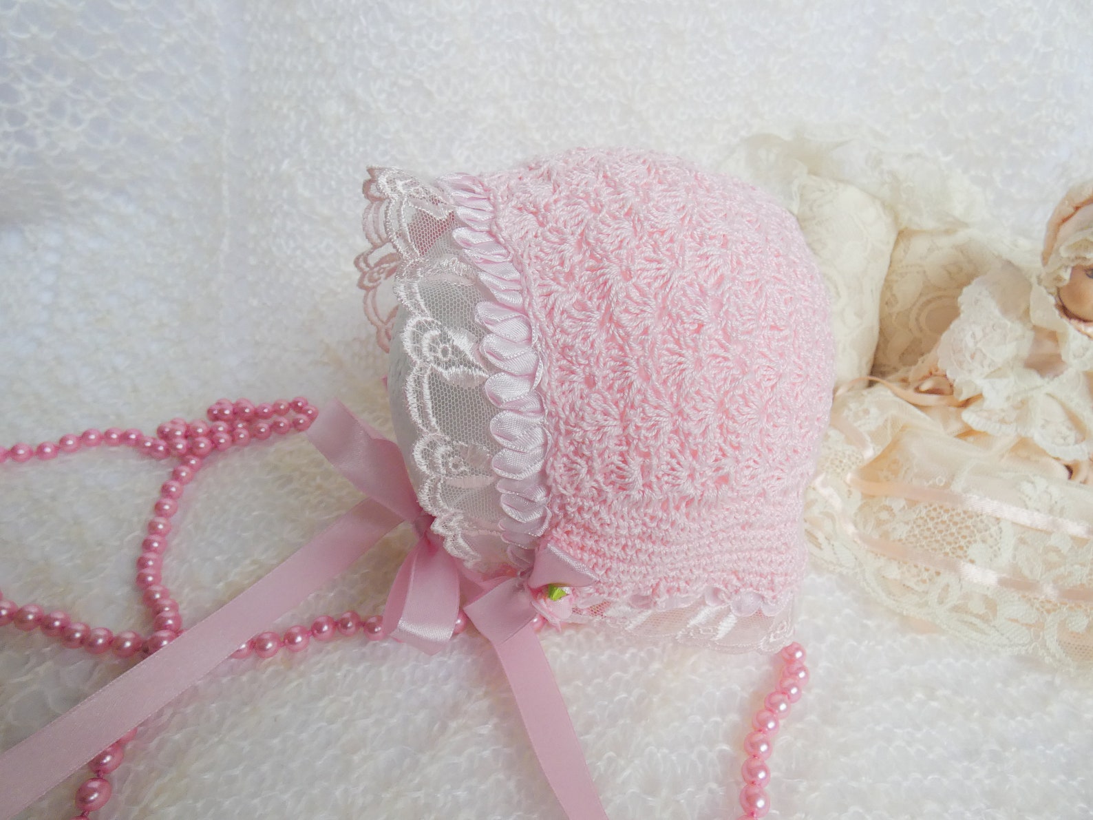 Cuffia rosa per neonata Regalo battesimo Cuffia rosa per bebè Cuffia ...