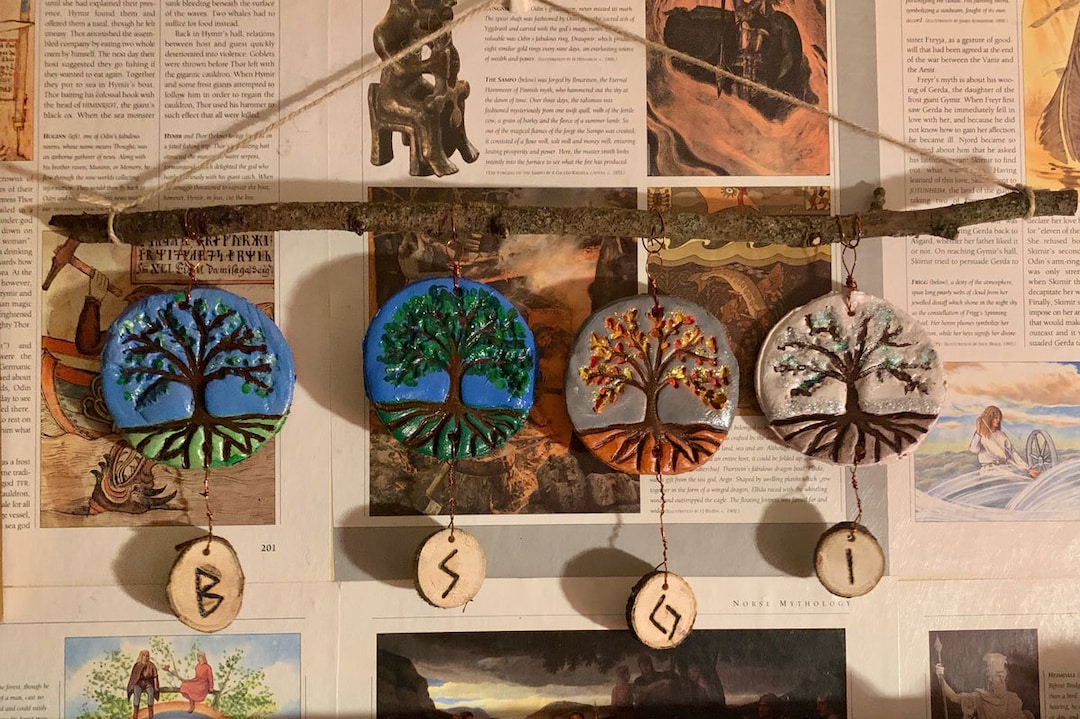 Tree Amulet single Season With Wood Burned Rune Disc - Etsy