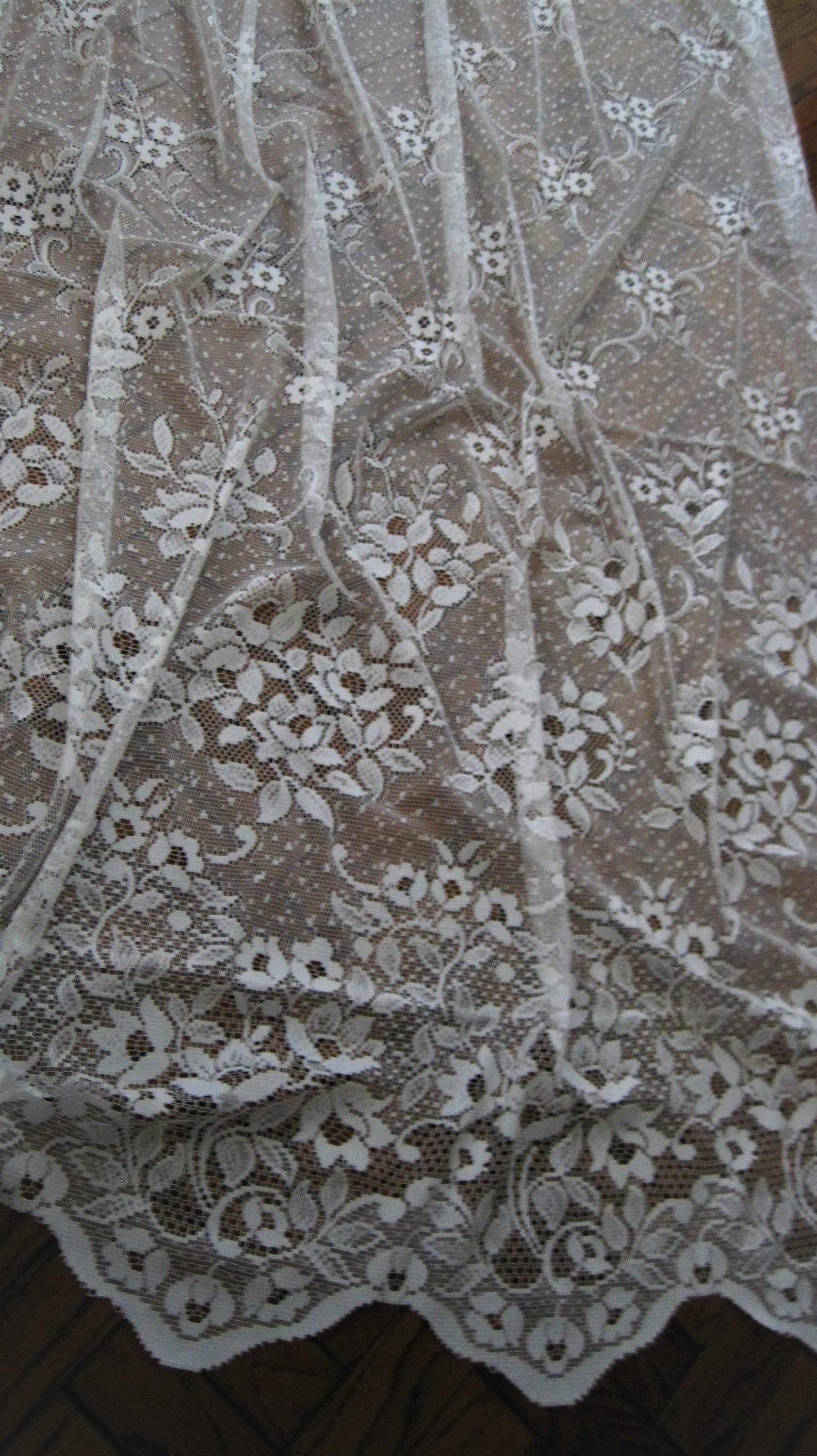 Lace Curtains 104" Width, Flower Bouquets Design, Scalloped Bottom Edge ...