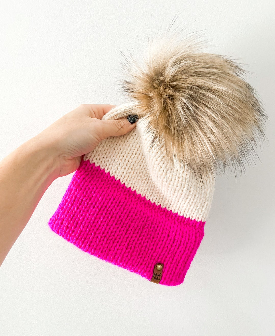 Double Knit Winter Hat - Bright Pink and Cream - Etsy