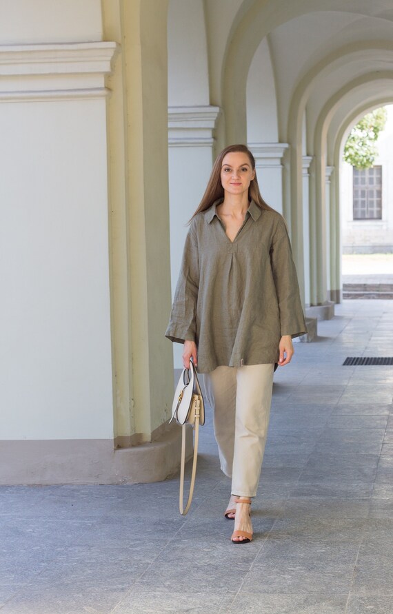 Khaki Green Linen Tunic With Pockets Linen Womens Clothing - Etsy