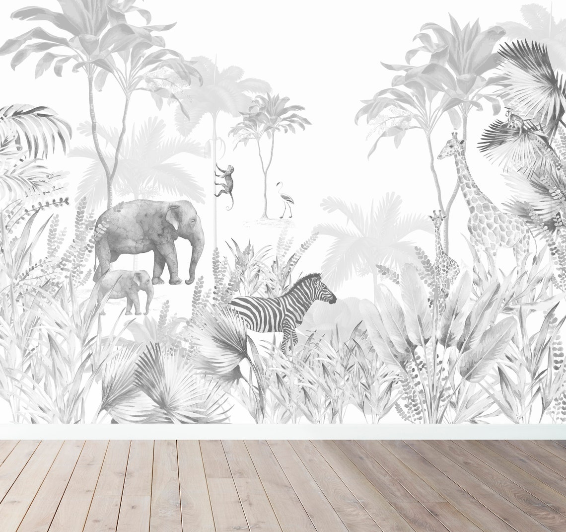 Monochrome Jungle Wallpaper Mural - Etsy UK