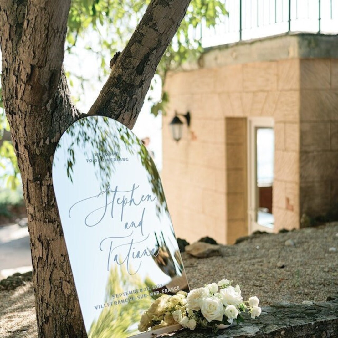 Arched Silver Mirror Wedding Welcome Sign Modern Reception Decor ...