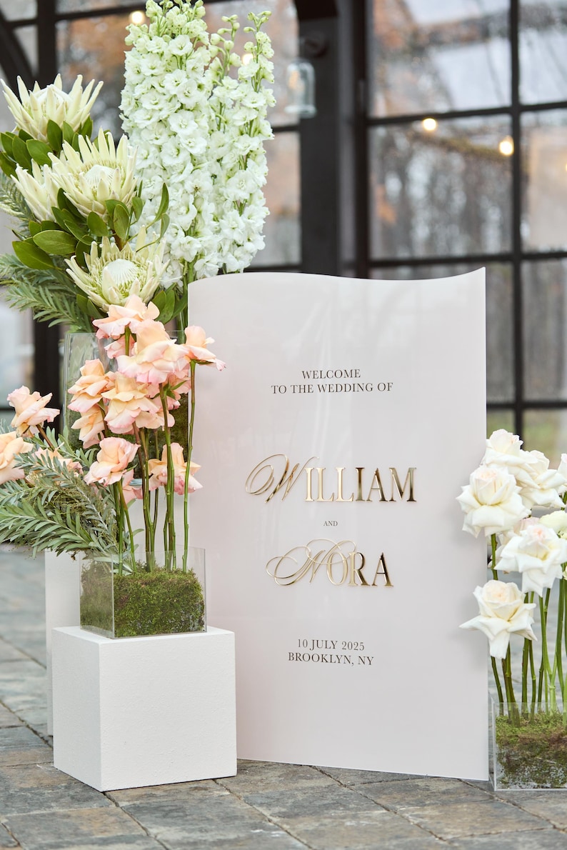 Large Acrylic Wedding Welcome Sign With Raised 3D Gold Mirror Names ...