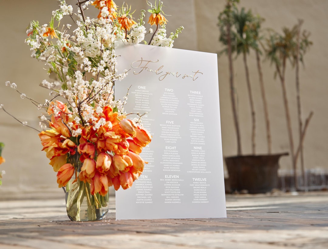 Frosted Acrylic Seating Chart Sign, 3D Gold Mirror Lettering - Wedding ...