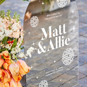 Arched Wedding Retro Welcome Sign - Disco Ball Wedding Sign - Wedding ...
