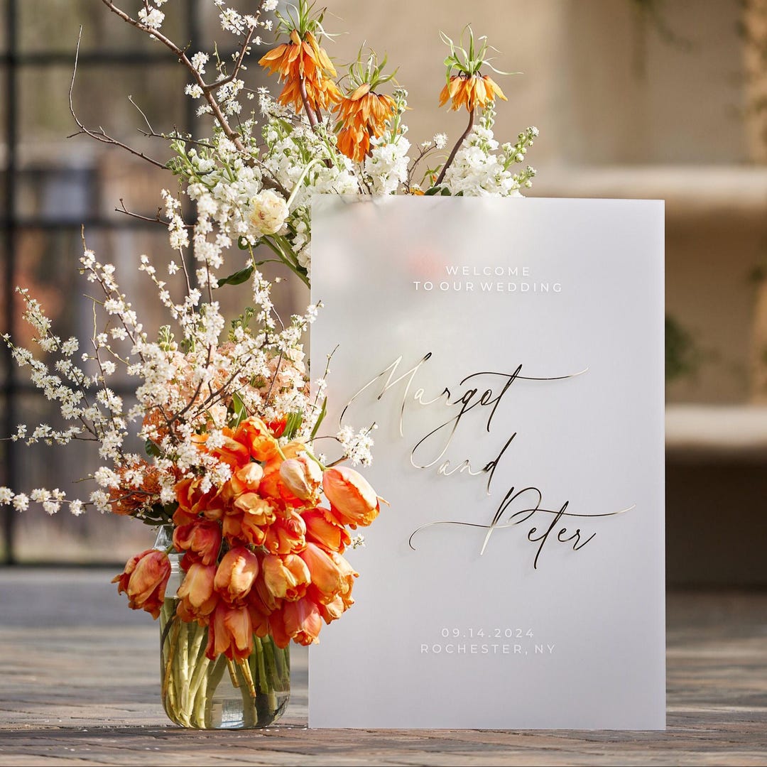 Acrylic Wedding Welcome Sign With 3D Gold Mirror Names - Frosted ...