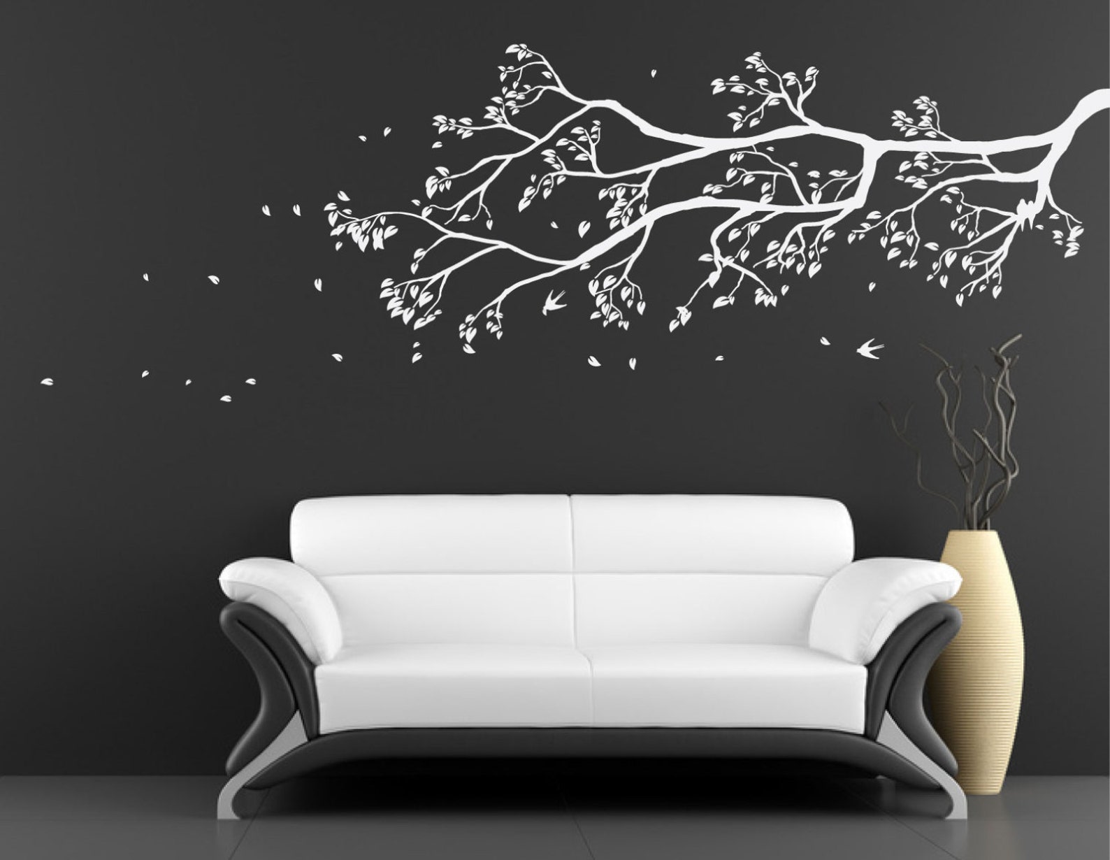 Tree Branch Wall Sticker With Falling Leaves and Birds Perched - Etsy ...