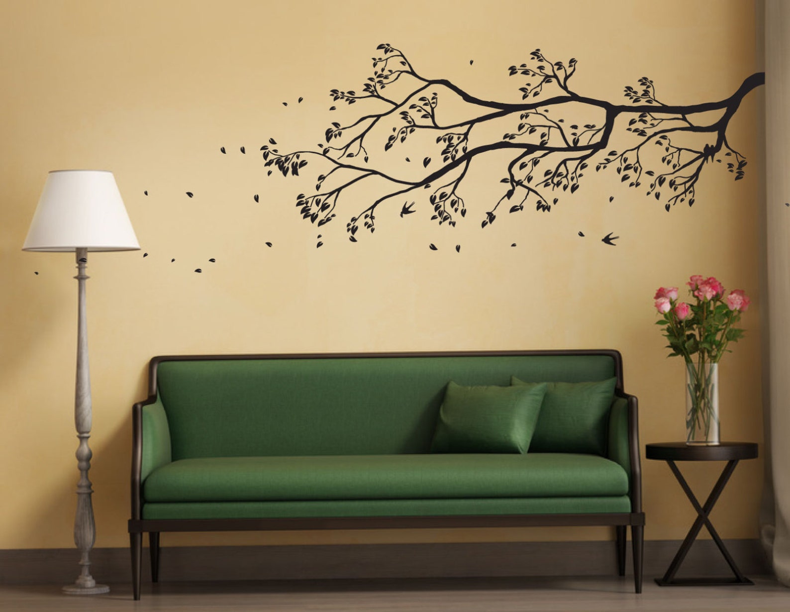 Tree Branch Wall Sticker With Falling Leaves and Birds Perched - Etsy ...