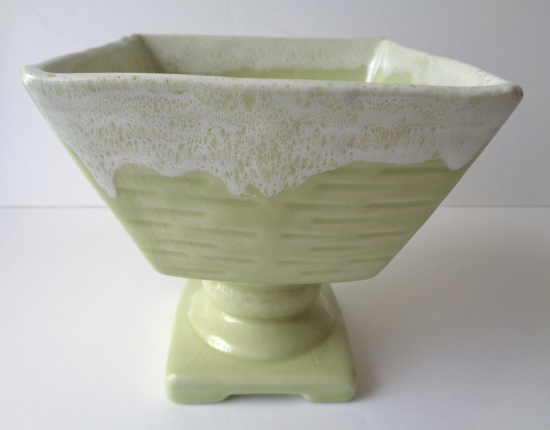 Vintage UPCO Pottery Tall Lime Green With White Drip Glaze Pedestal ...
