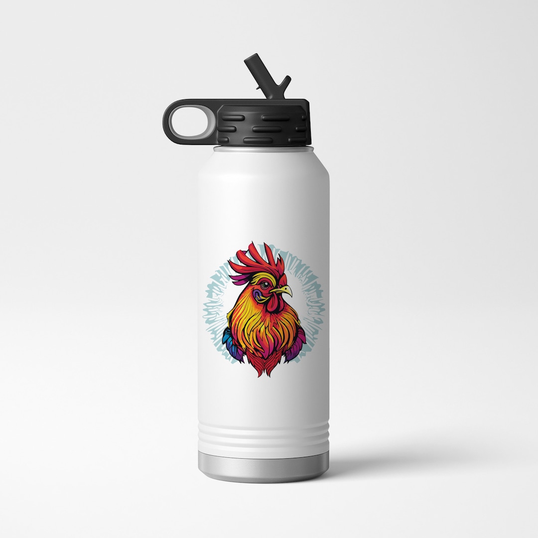 Rooster Colorful Design, Psychedelic Art, UV Printed Water Bottle 32 Oz ...
