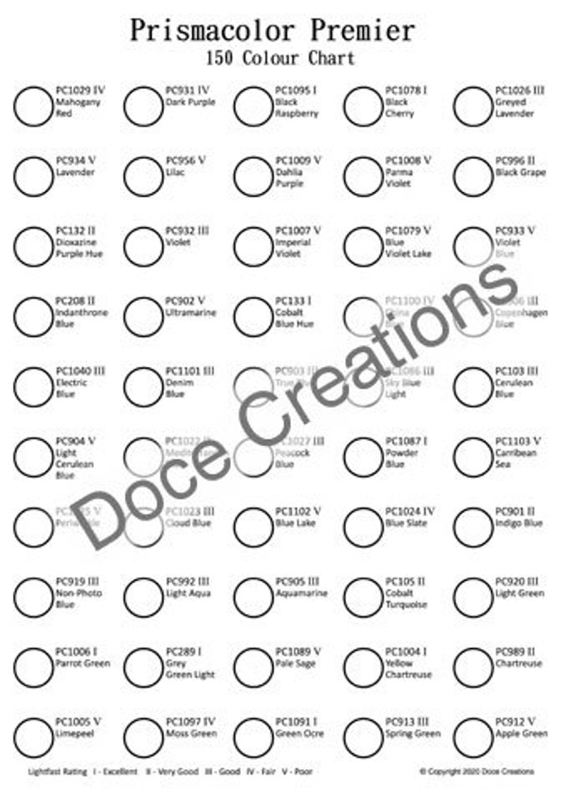 Prismacolor Premier 150 Pencil Colour Chart Template Printable ...