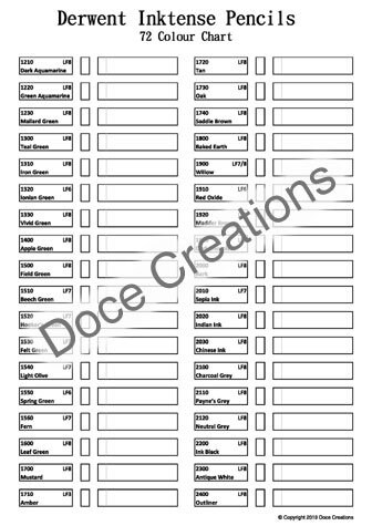 Derwent Inktense 72 Pencil Colour Chart Template Printable - Etsy