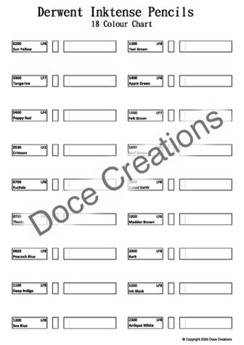 Derwent Inktense 18 Pencil Colour Chart Template Printable Colouring ...