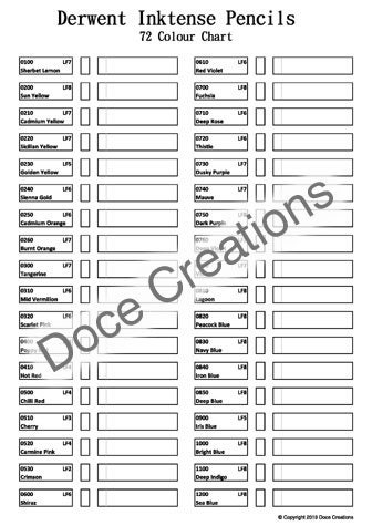 Derwent Inktense 72 Pencil Colour Chart Template Printable - Etsy