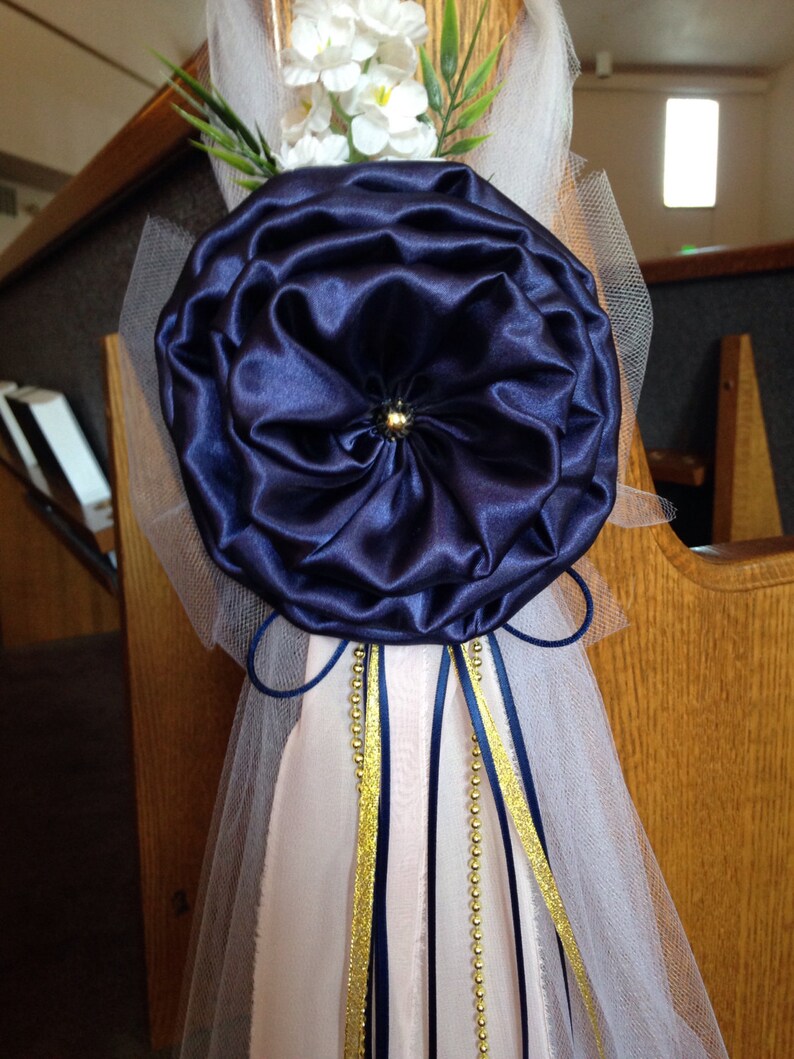 Navy Blue Gold Pew Bows Chair Bows Wedding Bows Pew Church Aisle Arch ...