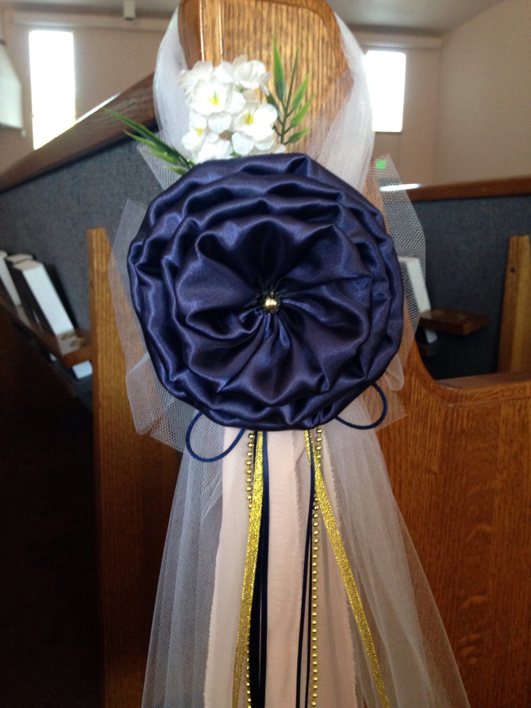 Navy Blue Gold Pew Bows Chair Bows Wedding Bows Pew Church Aisle Arch ...