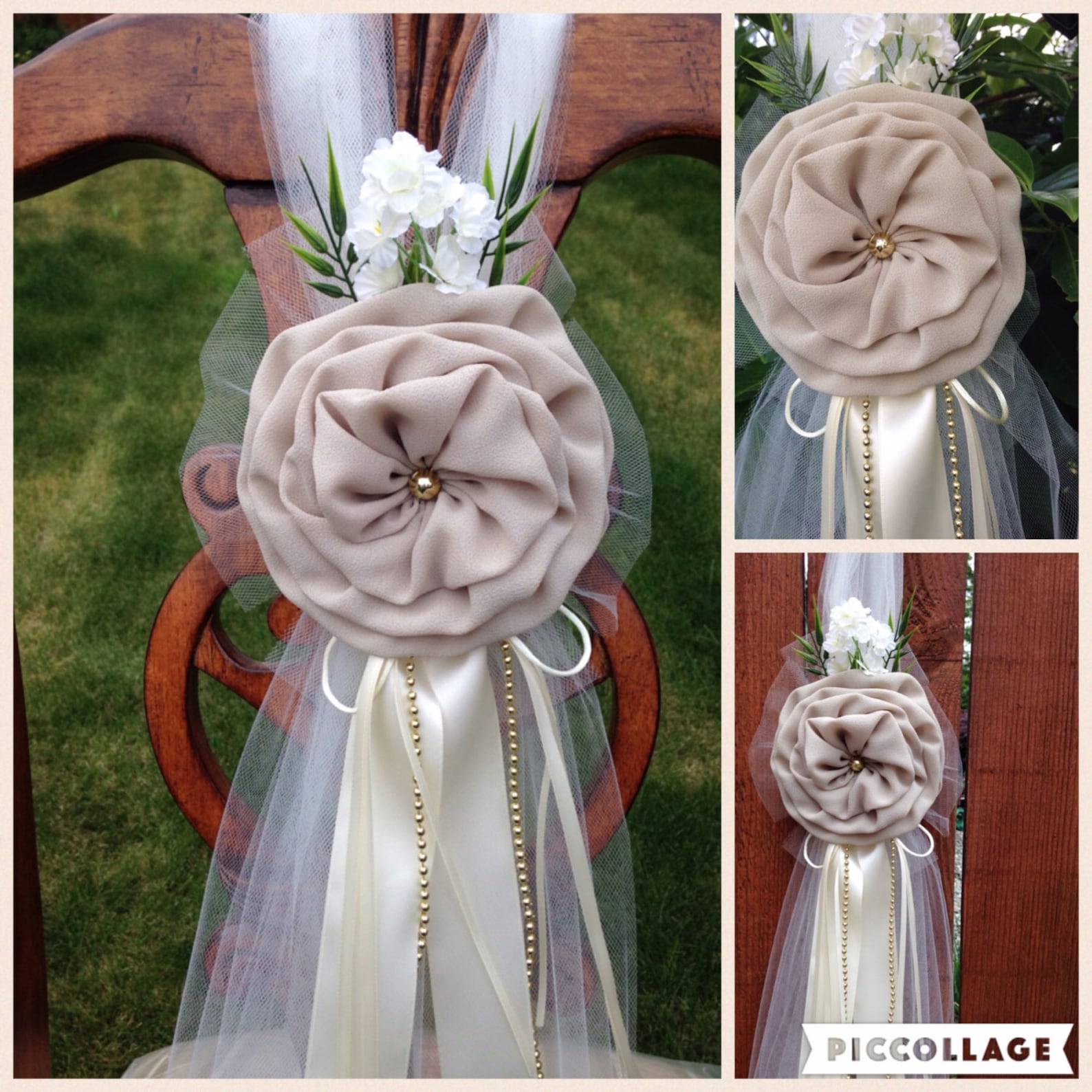 SET OF 6 Beige Ivory Gold Pew Bows, Chair Bows, Wedding Bows Pew Church ...