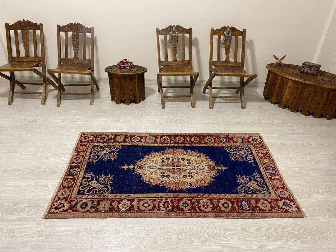 NAVY BLUE TURKISH Guney Carpet Rug-vintage Guney Rug-decorative Navy ...
