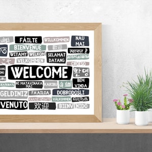 Welcome Poster in Different Languages Landscape Greys Instant Digital ...