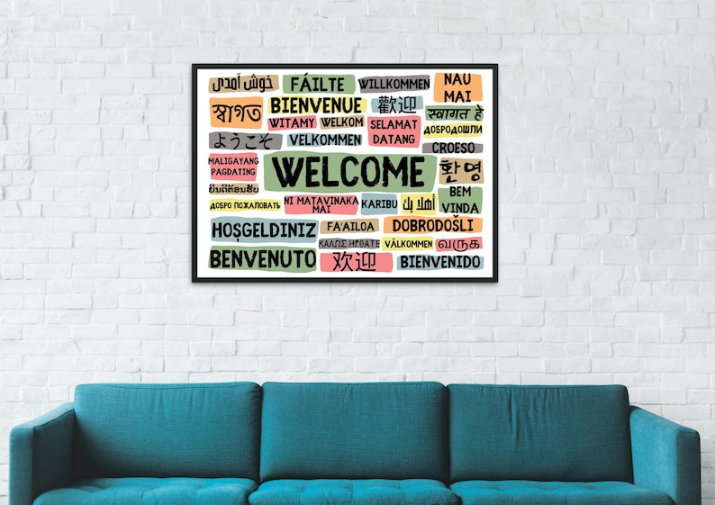 Welcome Poster in Different Languages Landscape Cool Colours - Etsy UK