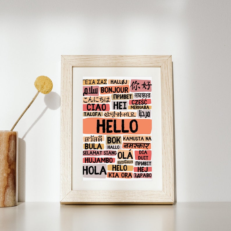 Hello Poster in Different Languages Portrait Warm Colours Digital Download Multilingual Wall Art ...