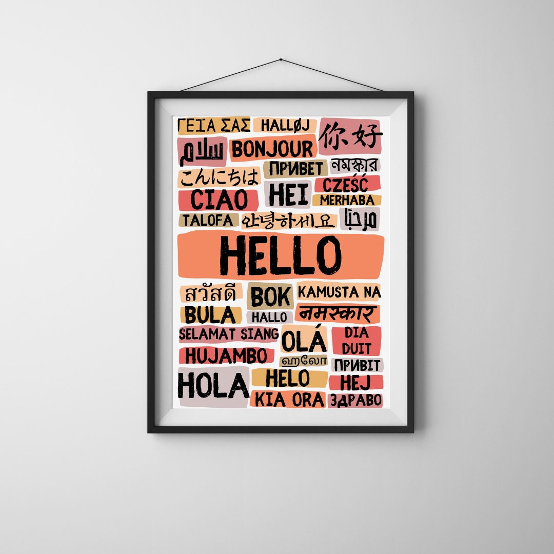 Hello Poster in Different Languages Portrait Warm Colours Digital ...