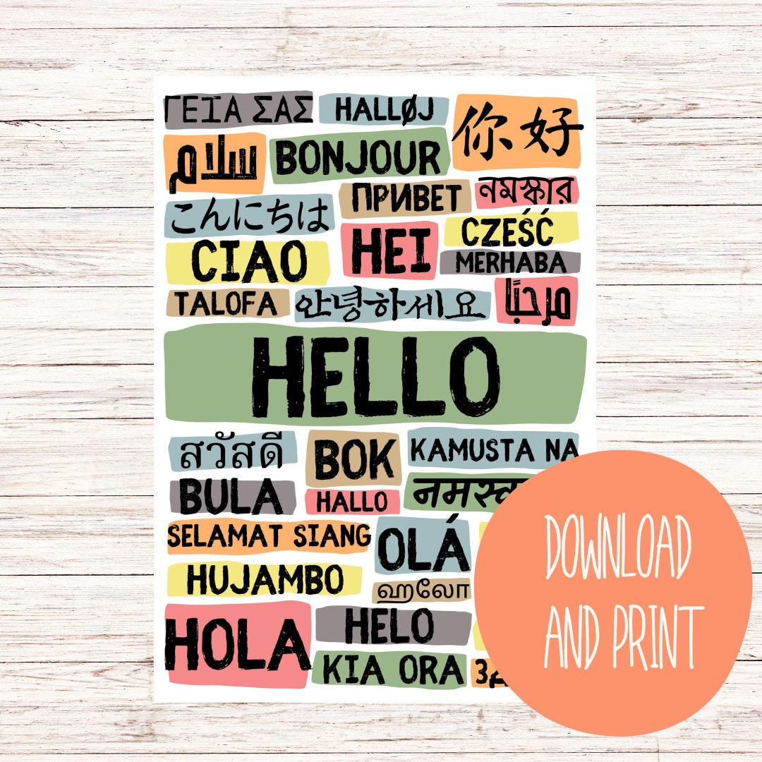 Hello Poster in Different Languages - Portrait Cool Colours - Digital ...