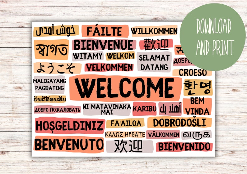 Welcome Poster in Different Languages Landscape Warm Colours - Etsy